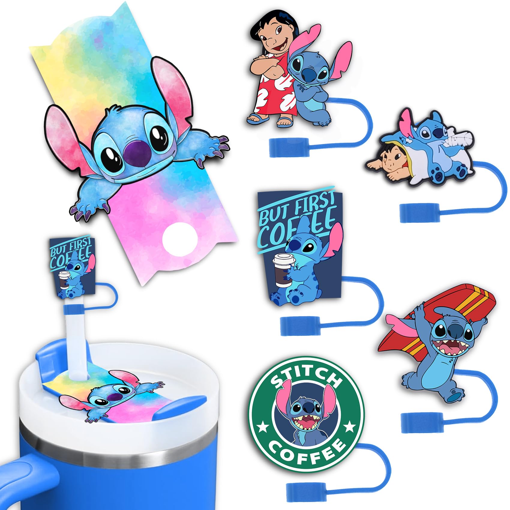 Blue Cartoon Straw Covers Set for 40oz Tumbler Cup, 5PCS 10mm Reusable Silicone Straw Toppers and 1PCS Name Plate for Lid, Blue Straw Topper Cup Accessories