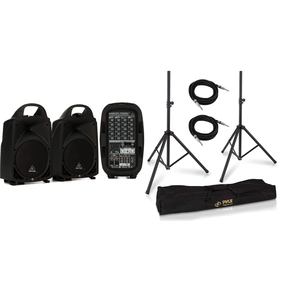 Behringer Europort PPA500BT 6-Channel Portable PA System with Bluetooth & Pyle Universal Stand Kit-Height Adjustable 3.6β -5.6β Tall Sound Equipment Tripod Mount for Speakers w/ 35mm Insert-Home