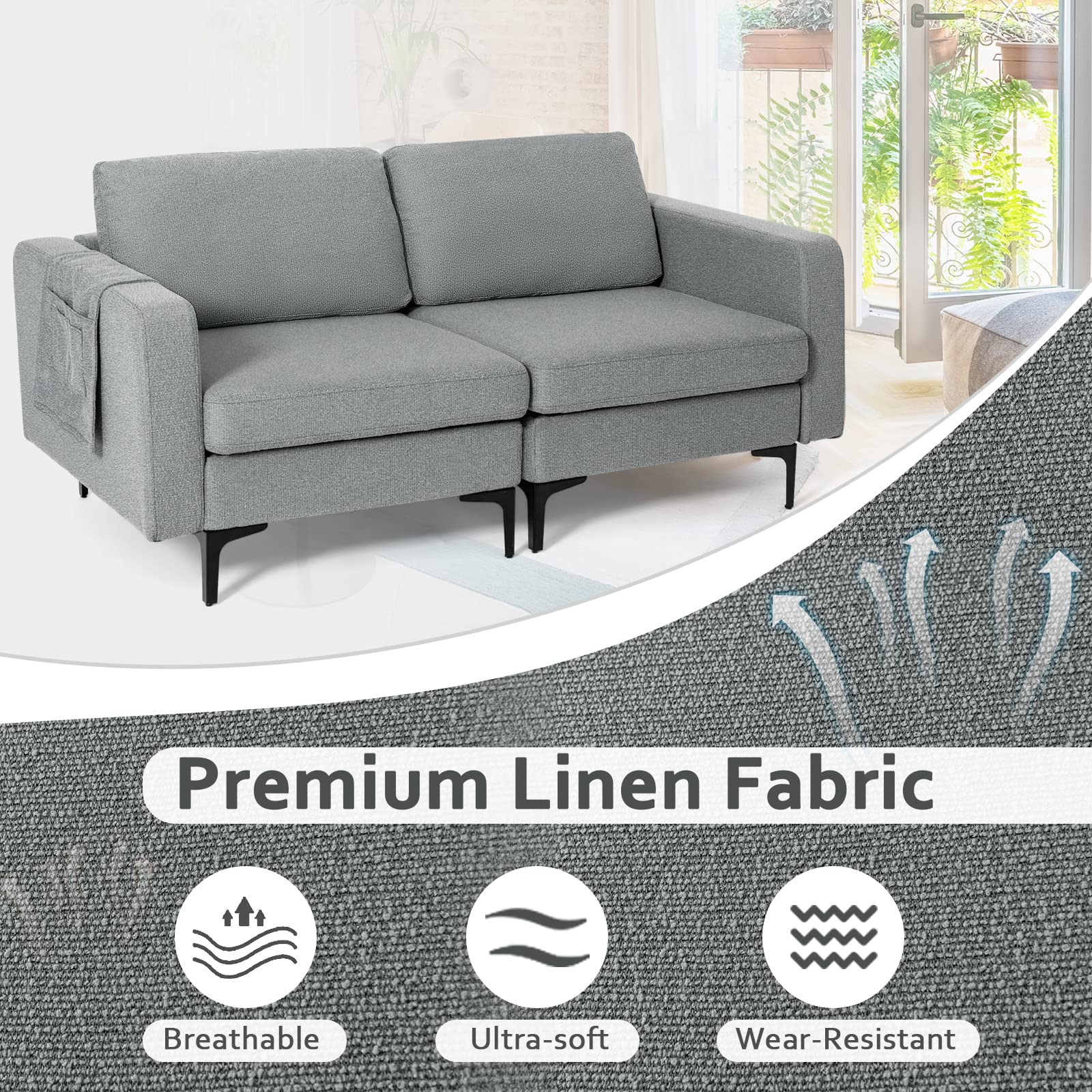 Giantex 2-Seat Sofa Couch, 66" L Modern Loveseat, Thick Cushion, Armrest Magazine Holder with 2 Pockets, Metal Legs, Ideal for Living Room Reception Room Office