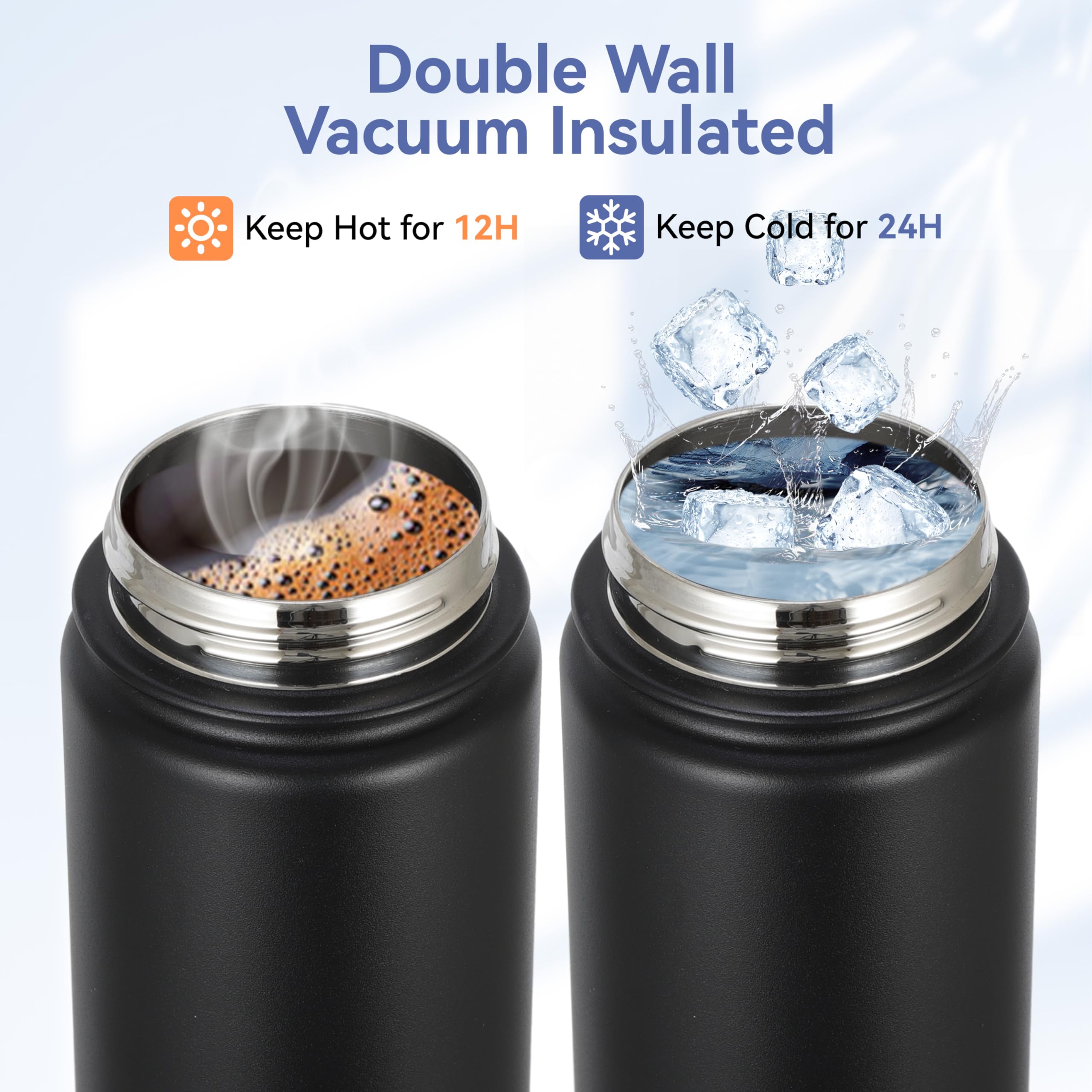 HASLE OUTFITTERS Insulated Water Bottle Kids 16 oz Double Wall Vacuum Stainless Steel Water Bottle Leak Proof for School Wide Mouth with Straw Lid & Spout Lid Keeps Cold and Hot(Black,1pack)