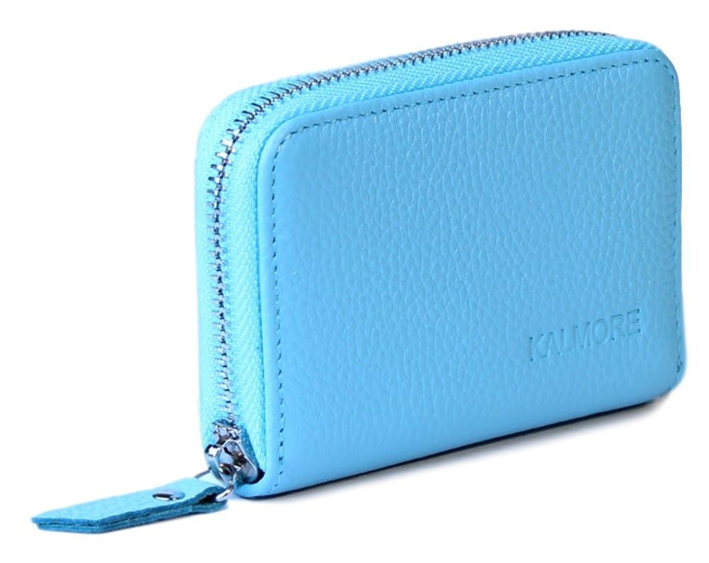 KALMORE Women's Leather RFID Card Wallet Small Purse Window, Turquoise Blue, One Zipper with ID