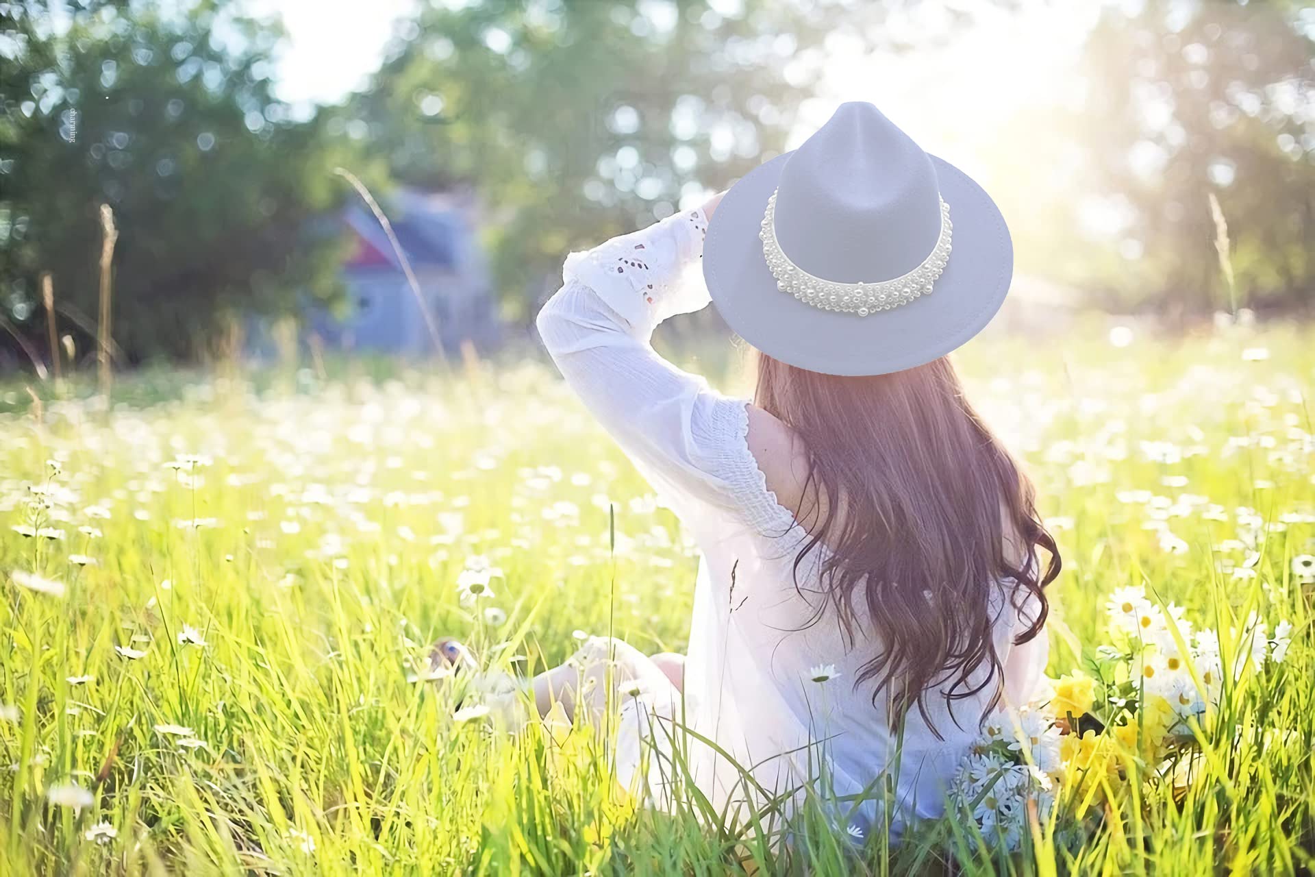 Qkrlamx Black Fedora Hats for Women Wool Panama Hat with Pearl Band Wide Brim Felt Hat Classic Trilby Hat White