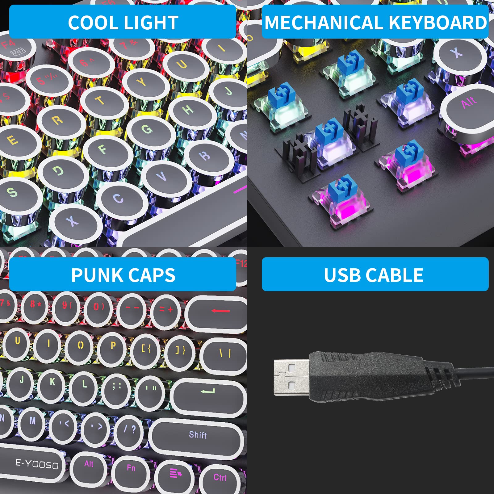E-YOOSO K600 Mechanical Gaming Keyboard 104 Keys LED Backlit Keyboard Crystal Keycap (Blue Switch)