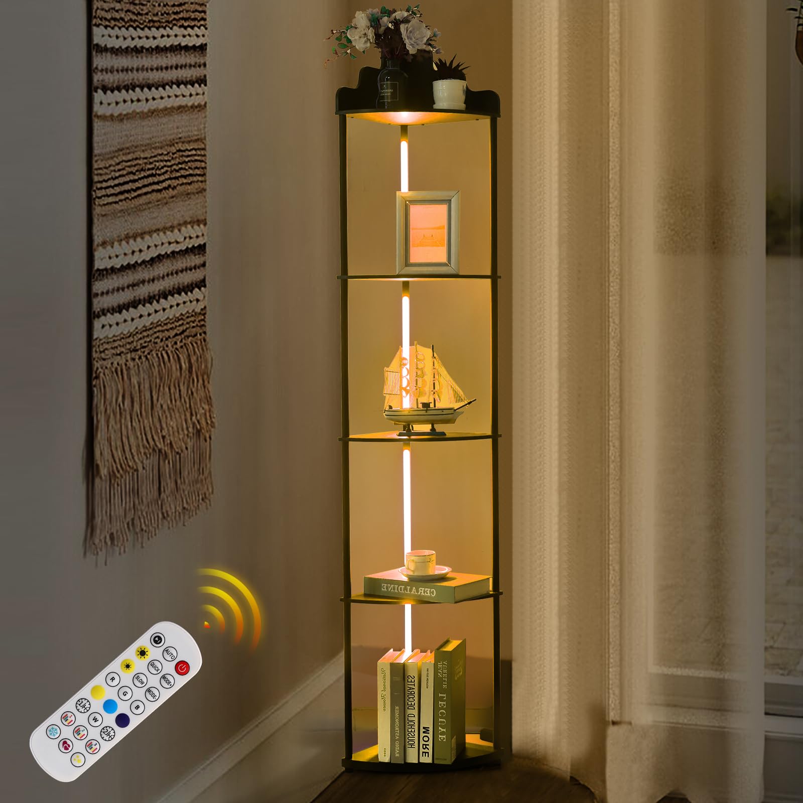Sierjian 5 Tier Corner Shelf with Light, 70" Tall Corner Bookshelf with Light Display Shelf for Collectibles, Dimmable Tall Floor Light for Living Room, Bedroom, Wood Display Shelf
