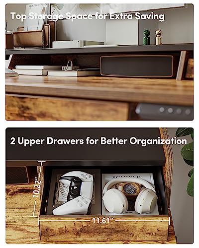 BANTI Height Adjustable Electric Standing Desk with Three Drawers, 48 x 25 Inch Table with Storage Shelf, Sit Stand Desk with Storage Space, Splice Board with Black Frame/Rustic Brown Top