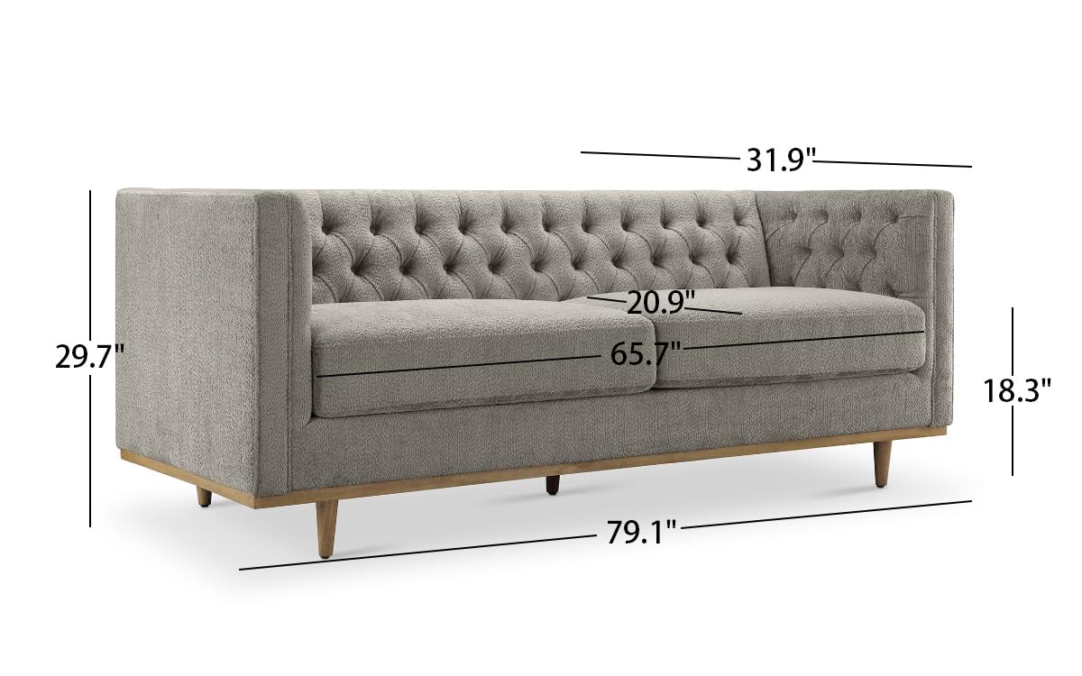 CHERS 79 Inch Sofa Couch with Button Tufted Back, Vintage Mid Century Modern Sofa, Fabric Upholstered Loveseat, 2-Seater Couches for Living Room, Bedroom, Office, Square Arms, Solid Wood Legs, Gray