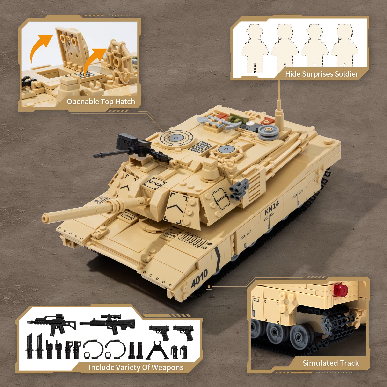 M Menbis M1A2 Simulated Tank Model Kit,WW2 Military Armed Tanks Building Block with 4 Soldier Figures ,Toys for Model Lovers,Gift for Boys 8-12(1053 Pcs)