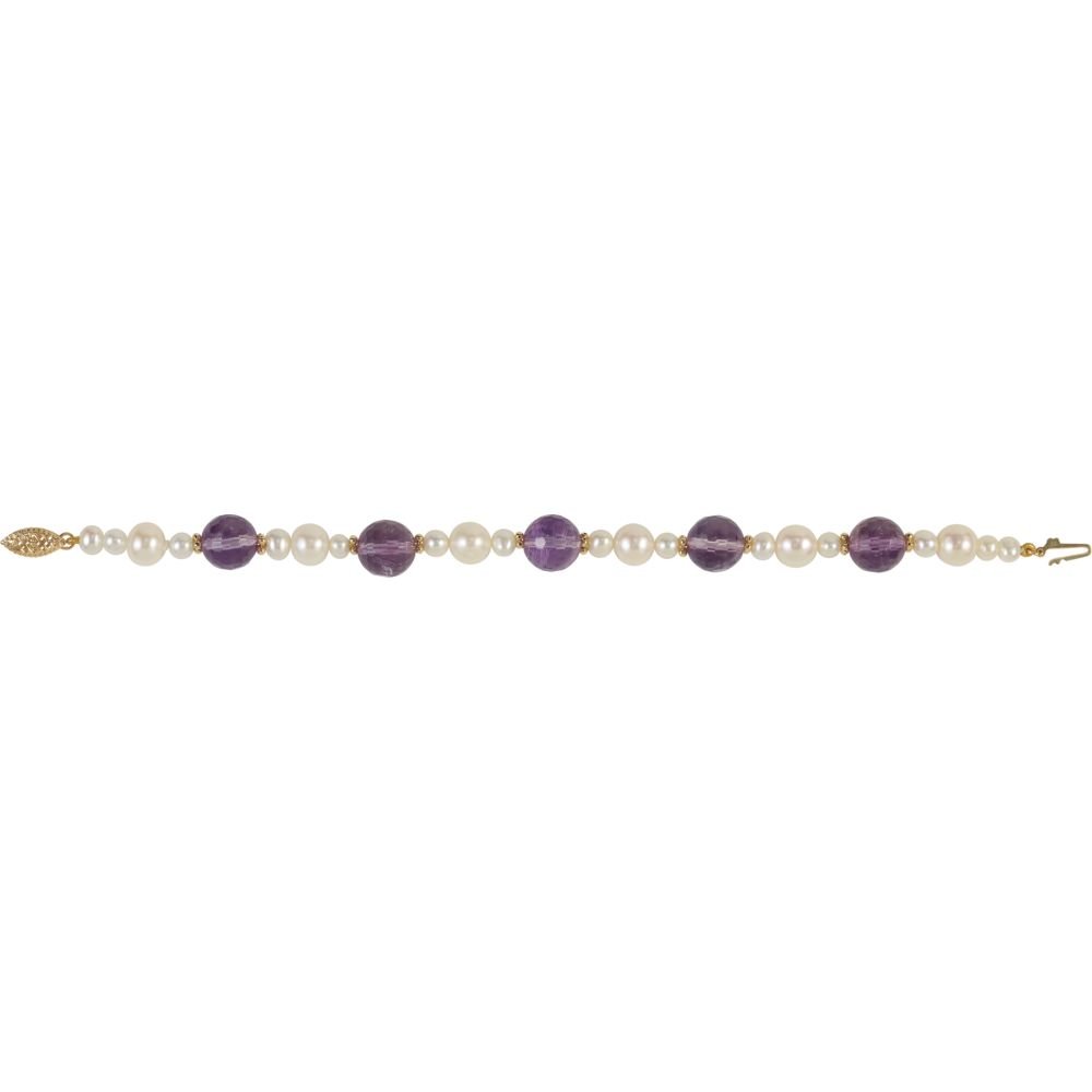 Banvari Freshwater Cultured Pearl and Amethyst Bracelet in 14k Yellow Gold