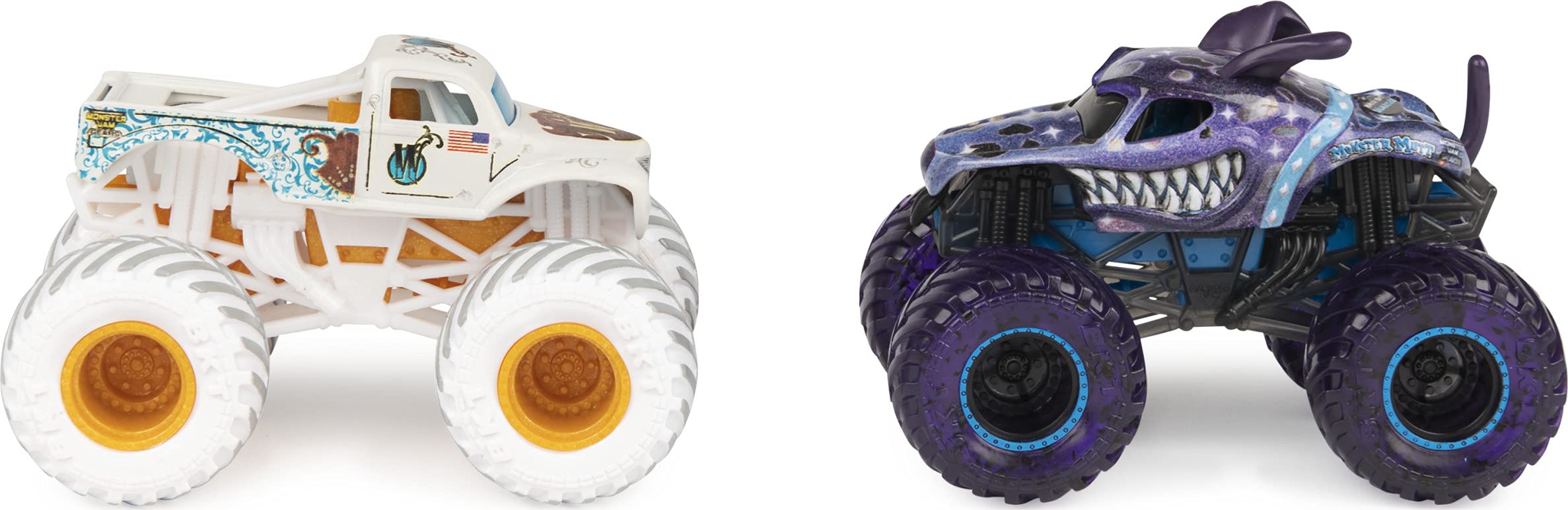 Monster Jam 2021 Spin Master 1:64 Diecast Exclusive Gears and Galaxies 'W' Whiplash vs Monster Mutt Dalmatian