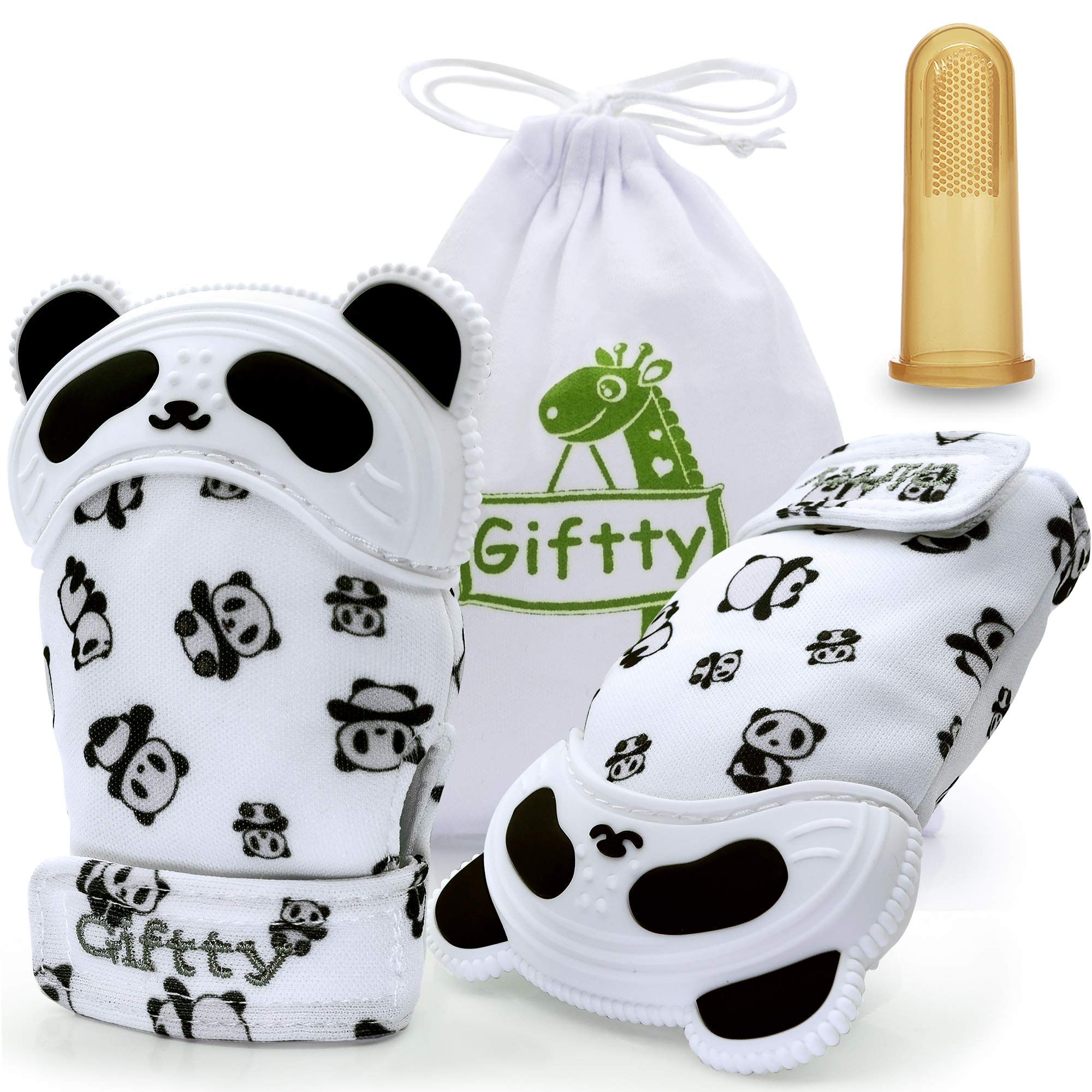 Giftty Baby Teething Mitten Panda Teether Mitt Chewing Glove Infant Toy Teething Glove Baby Chew Mitt with Finger Toothbrush BPA-Free for Baby Boys Girls - 1 Pair + 1 Toothbrush
