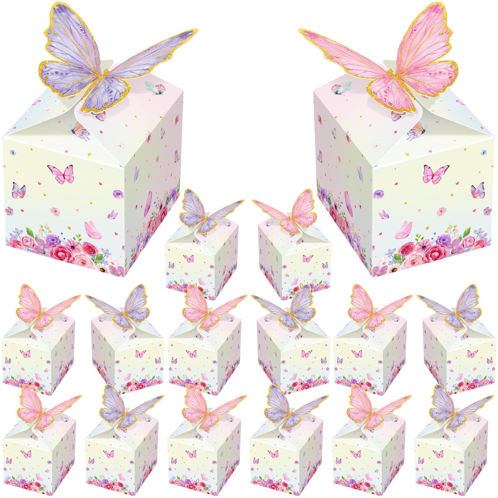 Qilery 24 Pcs Butterfly Party Favor Treat Boxes Pink and Purple Gift Boxes Butterfly Floral Boxes Three Dimensional Paper Candy Boxes Butterfly Decorations for Chocolate Present Wedding Baby Shower