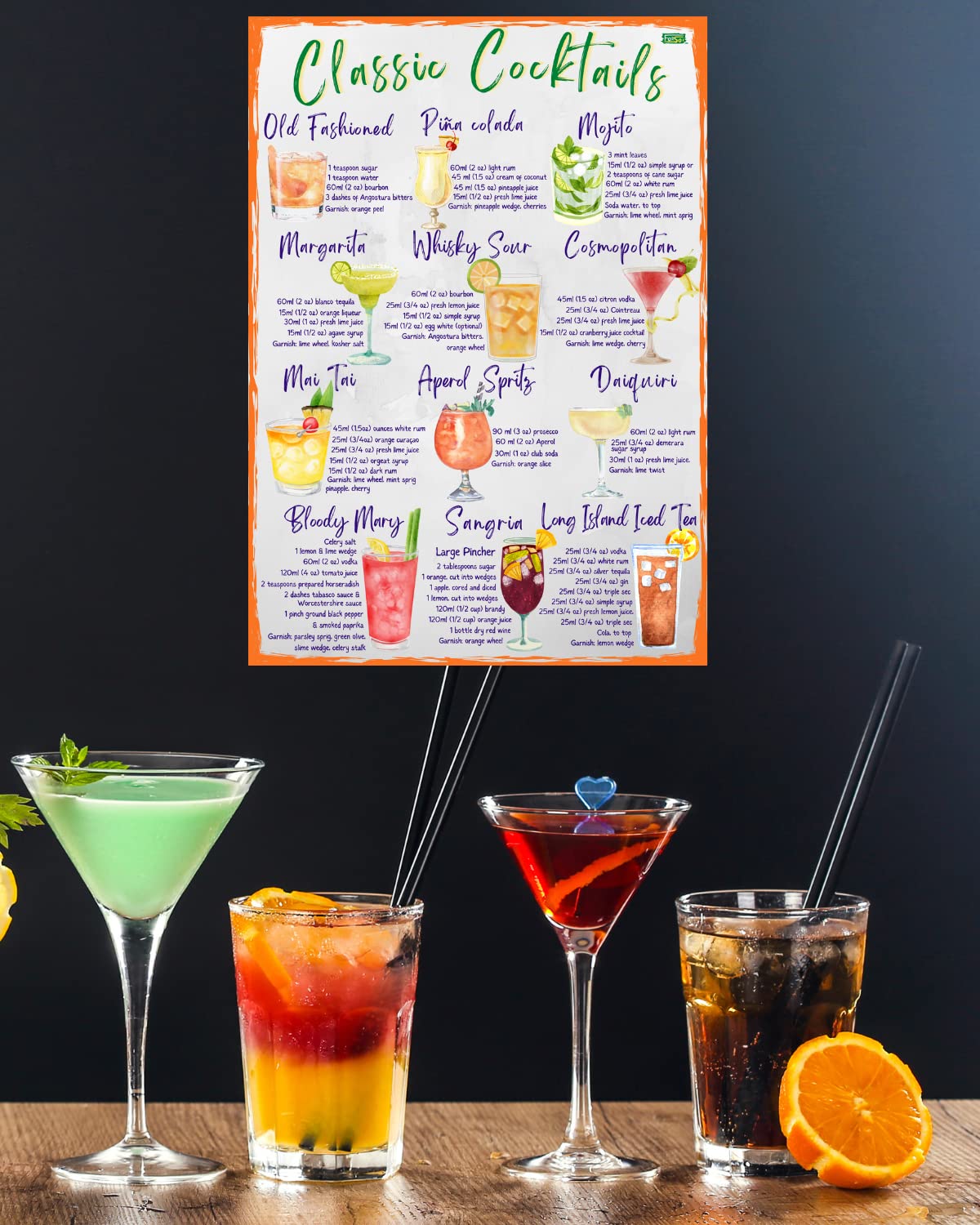 Classic Cocktails Recipes Magnetic Chart A4 format - Kitchen Pub Wall And Fridge Decor Stylish Colourful Informative Magnet Milliliters and Ounces Measurement Units
