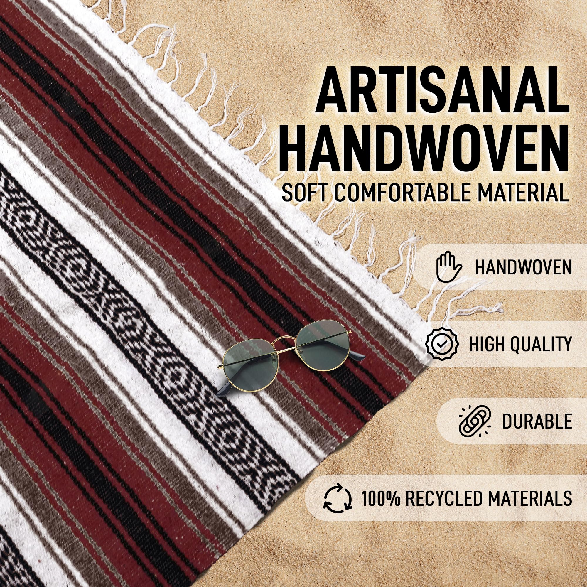 Authentic Large Handwoven Mexican Blanket - Soft Yoga Blanket - Durable Serape Blanket - Lightweight Falsa Blanket, Beach Blanket, Camping Blanket, Picnic Blanket, Outdoor Blanket 70"x50" - Cherry