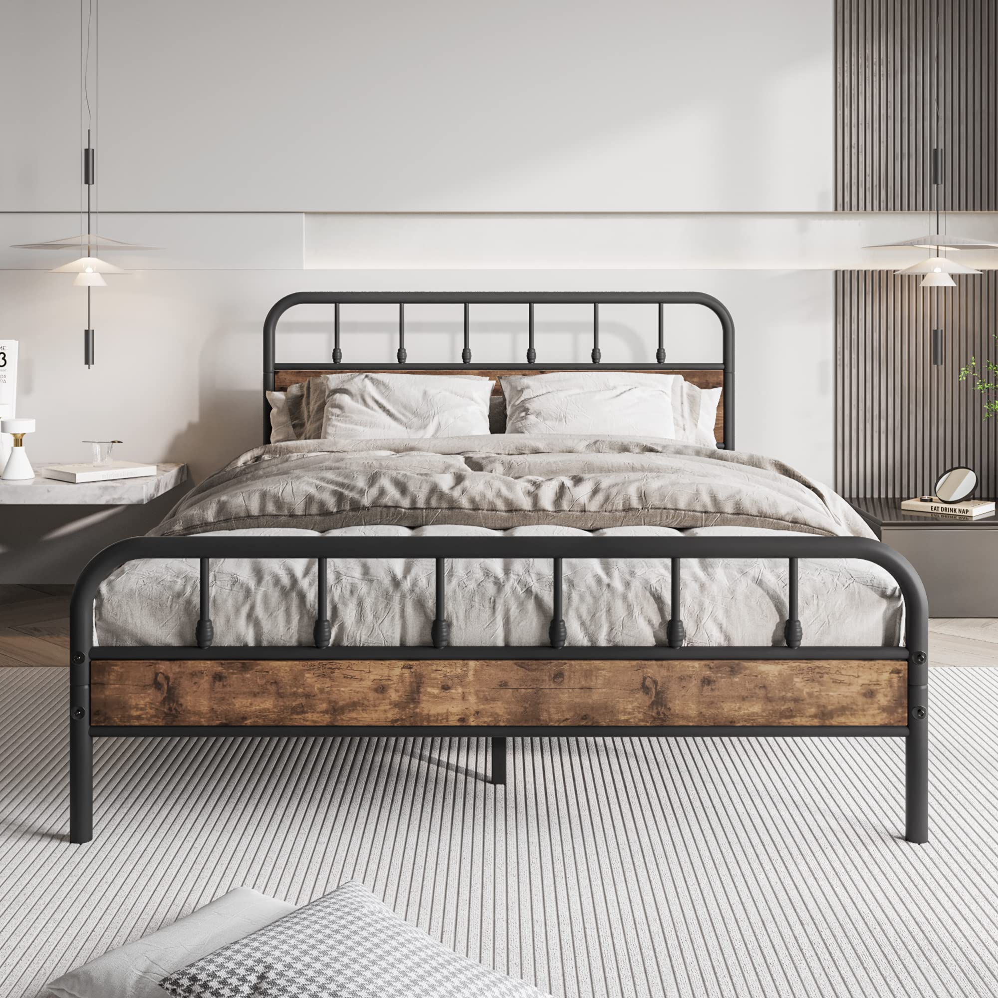 Elegant Home Products Black Queen Bed Frame with Headboard,Metal Platform Bed Frames,No Box Spring Needed,Easy Assembly Rustic Brown