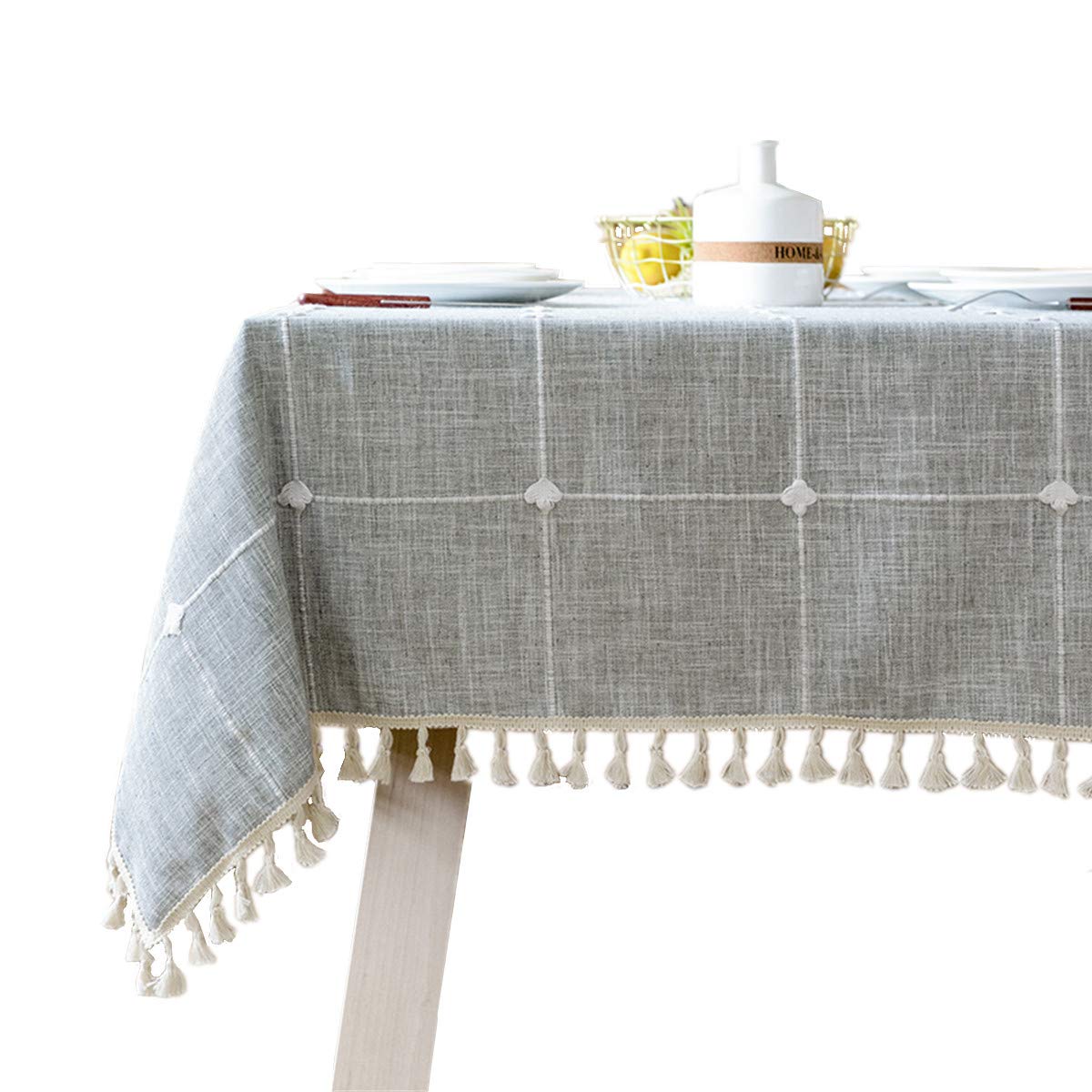Bettery Home Cotton Linen Rectangular Tablecloth Tassel Plaid Table Cloth for Dining Kitchen Room Tabletop Decoration, 36" x 52" Grey