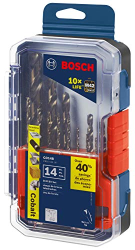 BOSCH CO14B 14-Piece Assorted Set with Included Case Cobalt M42 Metal Drill Bit with Three-Flat Shank for Drilling Applications in Stainless Steel, Cast Iron, Titanium, Light-Gauge Metal, Aluminum