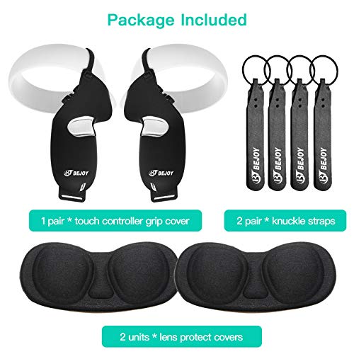 BEJOY 2021 Touch Controller Grip Cover & Knuckle Strap & Lens Protect Cover Set for Oculus Quest 2, Premium Silicone Accessories, Anti-Throw, Sweatproof, Black