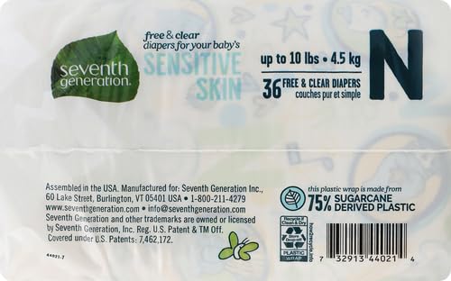 Seventh Generation Baby Diapers for Sensitive Skin, Animal Prints, Size 0 Newborn, 36 count