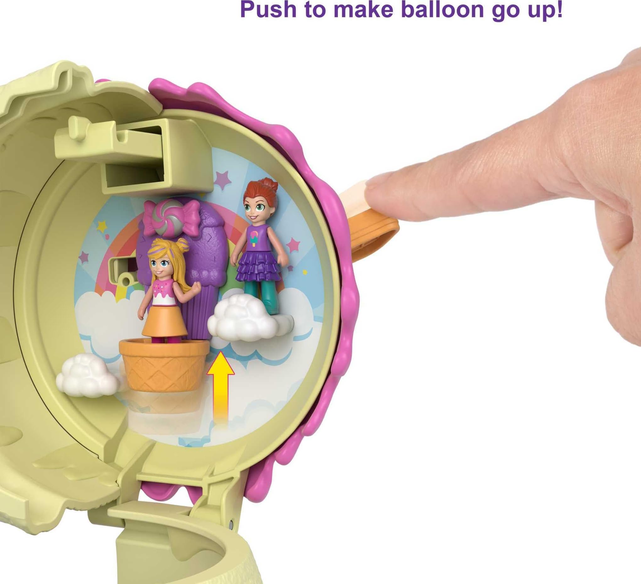 Polly Pocket Dolls and Accessories, Ice Cream Cone-Shaped Playground with 3 Floors and 2 Micro Dolls, Spin ‘n Surprise Compact