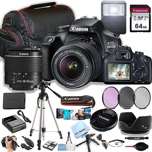 Canon EOS 4000D / Rebel T100 DSLR Camera w/EF-S 18-55mm F/3.5-5.6 Zoom Lens + 64GB Memory, Filters,Case, Tripod, Flash, and More (34pc Bundle)