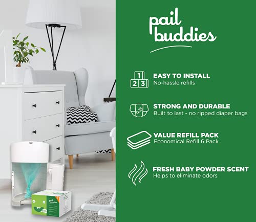 Pail Buddies Diaper Pail Refills | 6 Count | Compatible with Dekor Classic Diaper Pail | Strong, Durable Diaper Pail Refills with Fresh, Baby Powder Scent