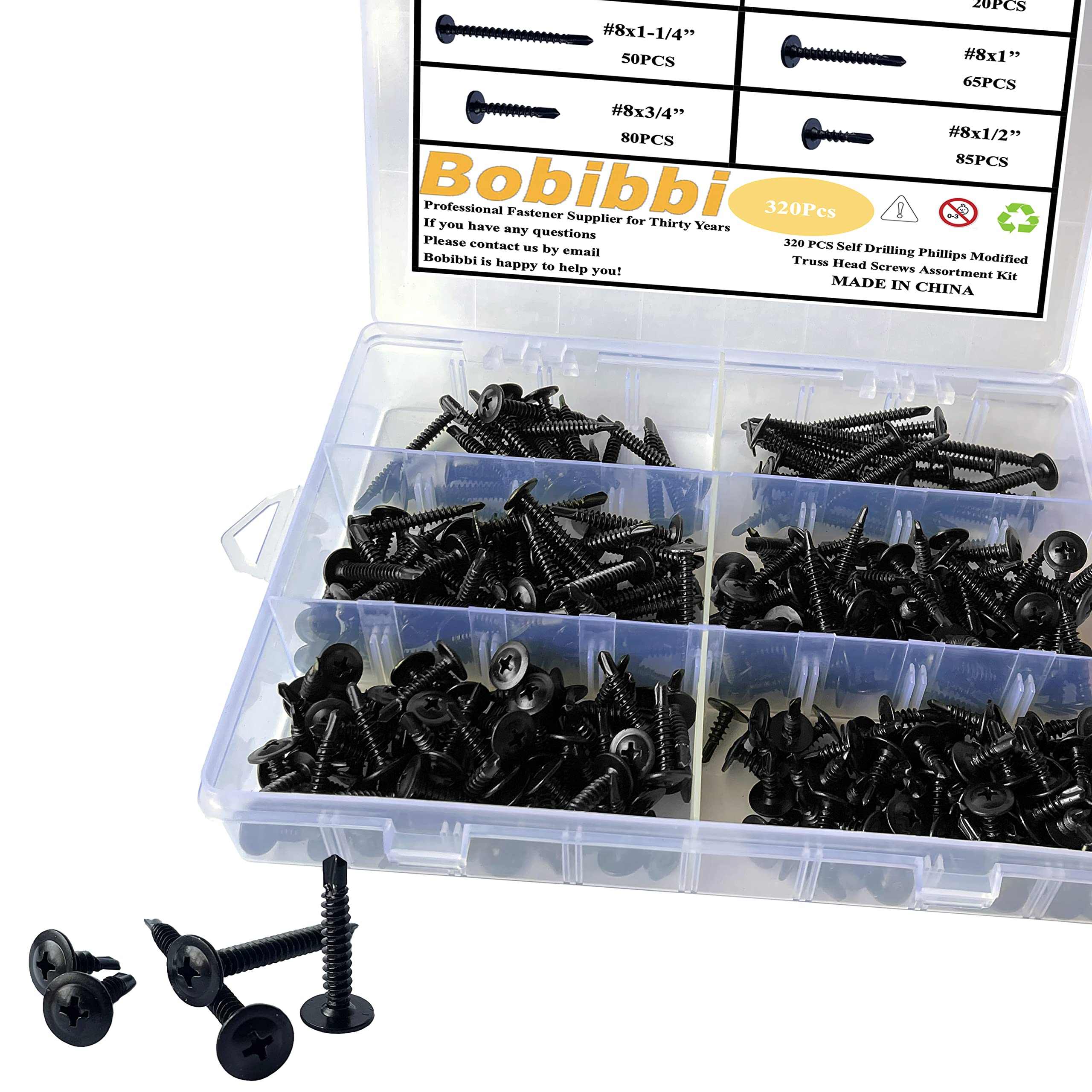 Bobibbi 320pcs #8 Black Self Tapping Screws for Metal Assortment Kit, Self Drilling Screws with 6 Sizes: #8 x 1/2'' - 2''