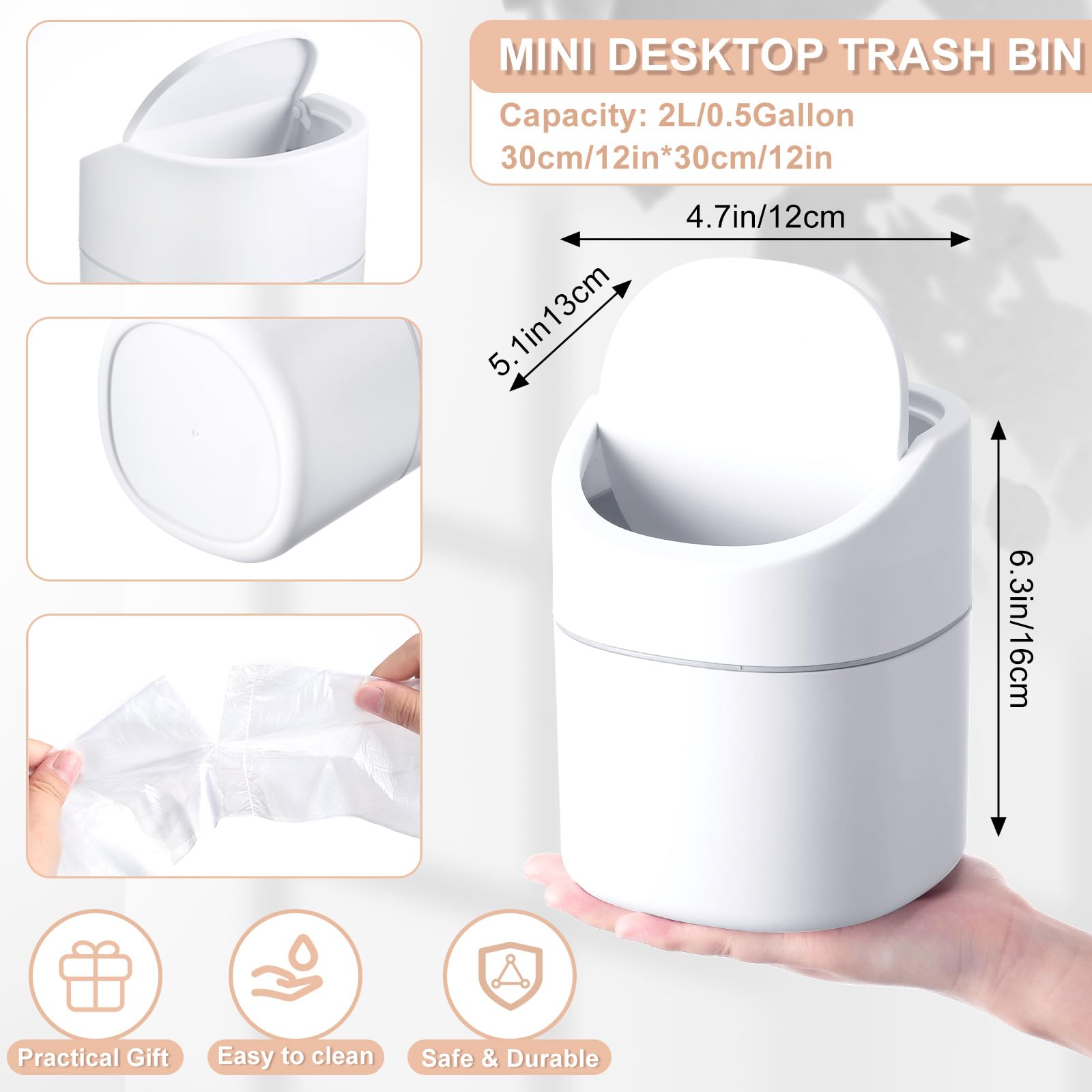 FoldTier 2 Pcs Mini Desk Trash Garbage Can with Lid and 360 Pcs Trash Bags 0.5 Gallon Tiny Countertop Waste Basket Desktop Trash Bin for Bathroom Kitchen Office Table (White,Swing Lid)