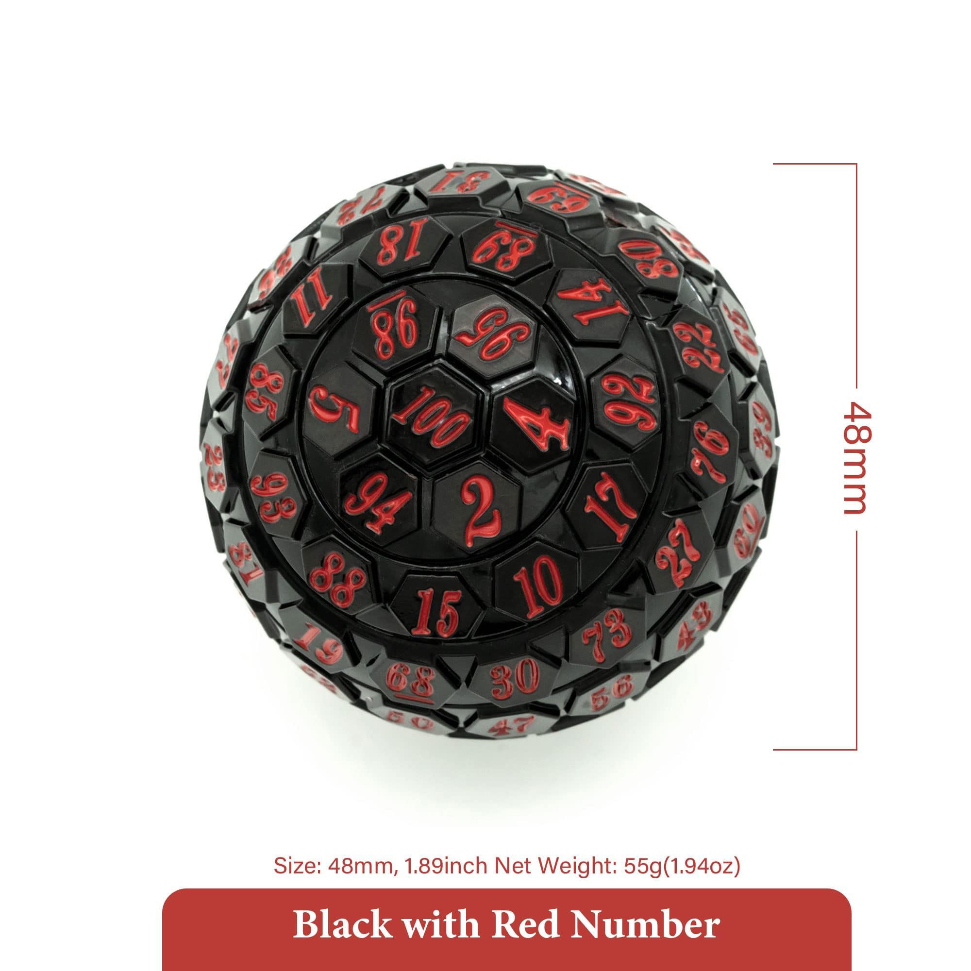Poludie 100 Sided Polyhedral Dice, Single D100 Game Dice, 100 Sided Cube with Black Pouch, D100 die 48 mm (Black with Red Number)
