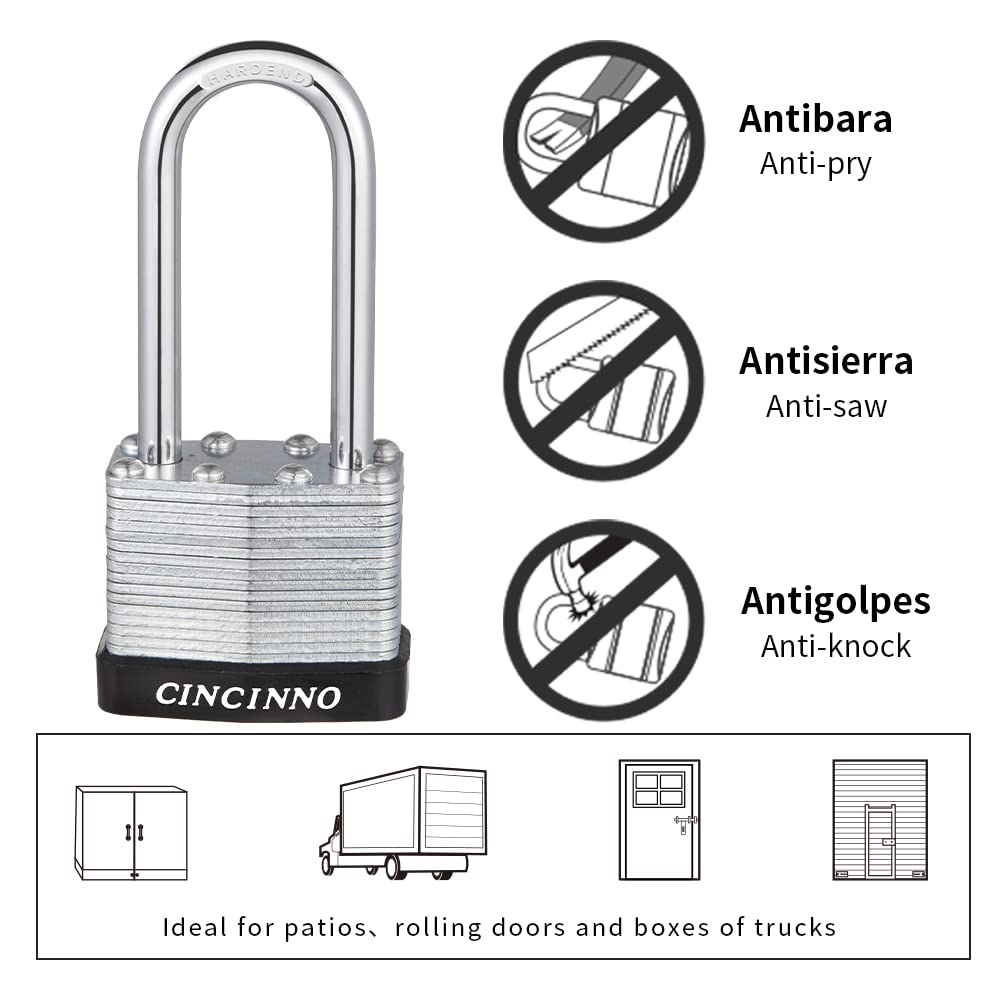 CINCINNO Laminated Steel Padlock with Key,6 Pack Keyed Alike Padlocks with Long Shackle