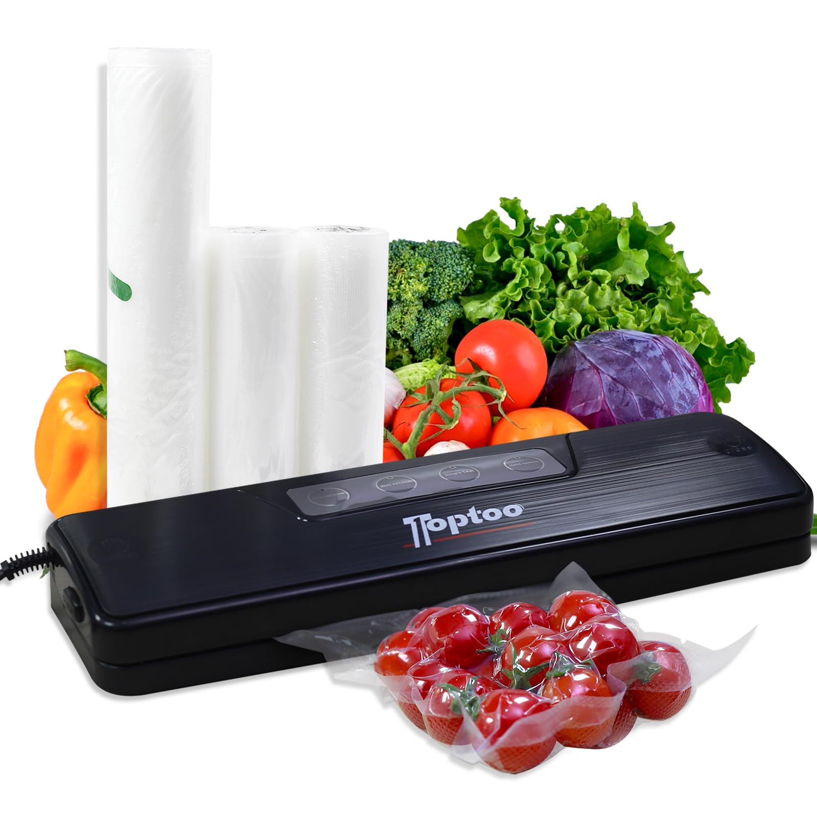 Toptoo Vacuum Sealer For Food Storage Vacuum Sealer Machine Meat Sealers Vacuum Packing Machine With Free Vacuum Seal Bags 1 Roll (12" x 17'), 2 Rolls (8" x 17') and 10 Pack (6" x 10') Black