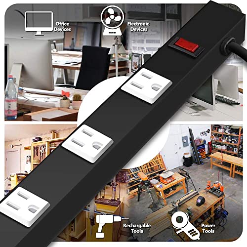 ANKO 12-Outlet Heavy Duty Workshop Metal Power Strip; 15-Foot Long Extension Cord; Mounting Brackets Included; ETL Certified (Black)