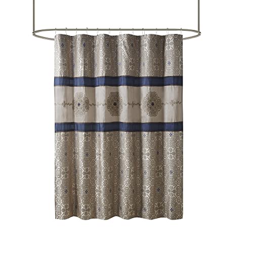 Madison Park Donovan Shower Curtain, Embroidered Jacquard Weave Design, Traditional Bathroom Décor, Machine Washable, Fabric Privacy Screen, 72x72, Navy