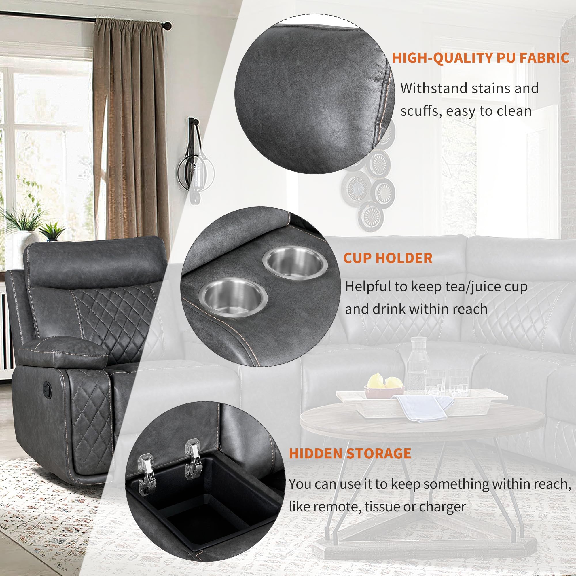 Manual PU Reclining Sectional Sofa Set, Adjustable Recliner Sofa with Cup Holder and Hide-Away Storage for Living Room
