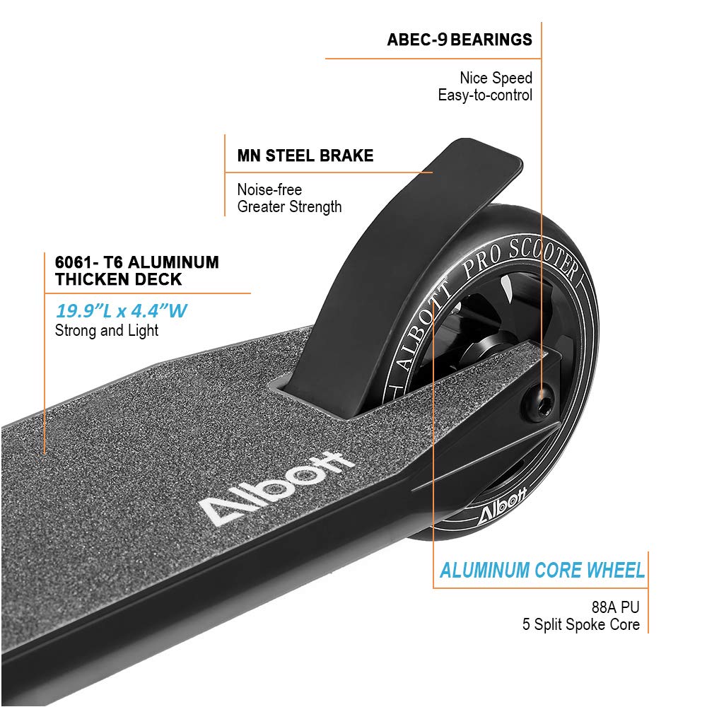 Albott Pro Scooters Trick Scooter - Freestyle 110mm Aluminium Core Wheels Stunt Scooters for Kids 8 Years and Up Entry Level Scooter for Beginner Boys Teens Adults(Black)