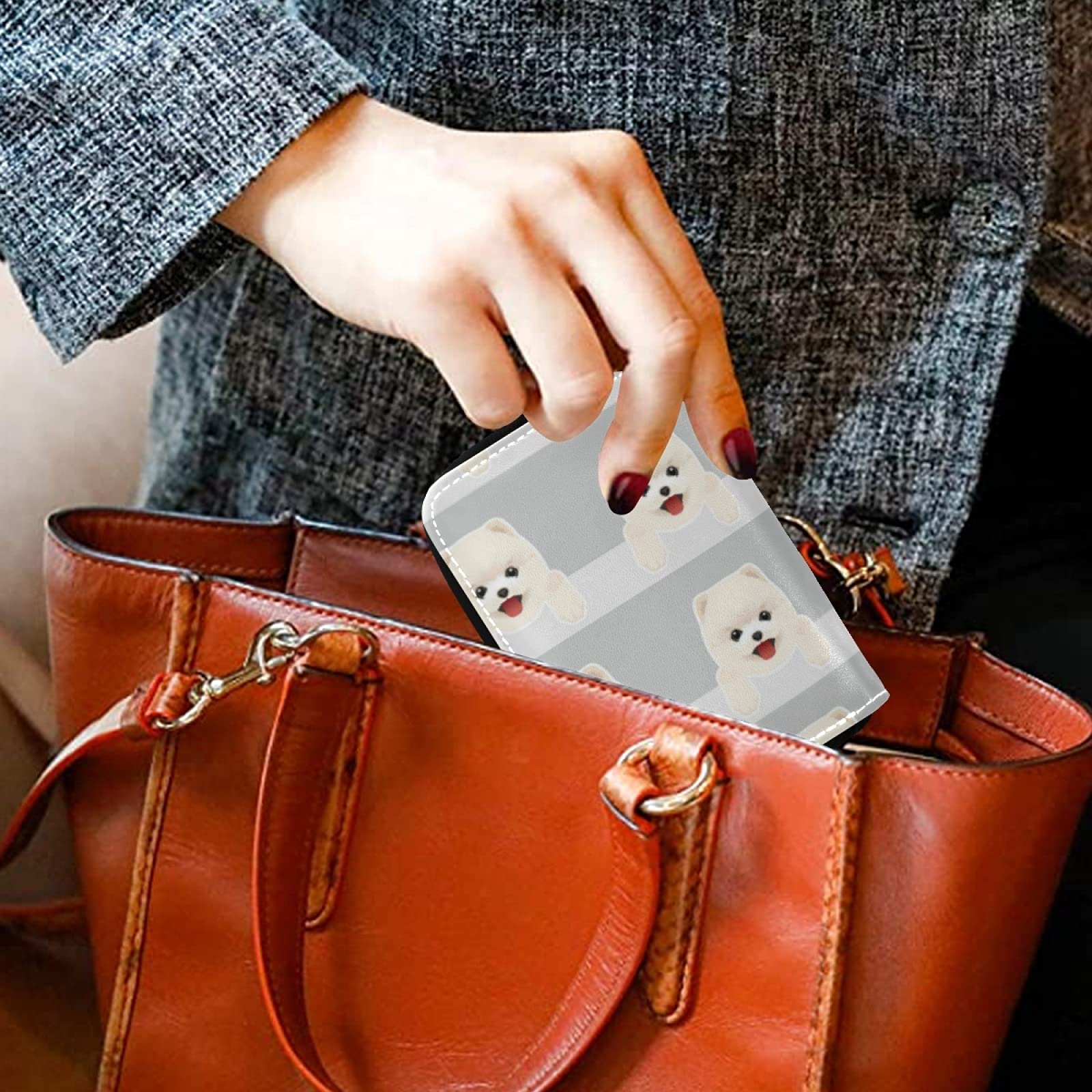 Pomeranian Dog Face Heads Seamless on White GreyGrey Credit Card Coin wallet, RFID Blocking Compact Women Leather Card Holder, Key Change Organizer, Zipper Purse Clutch Pouch Pocket