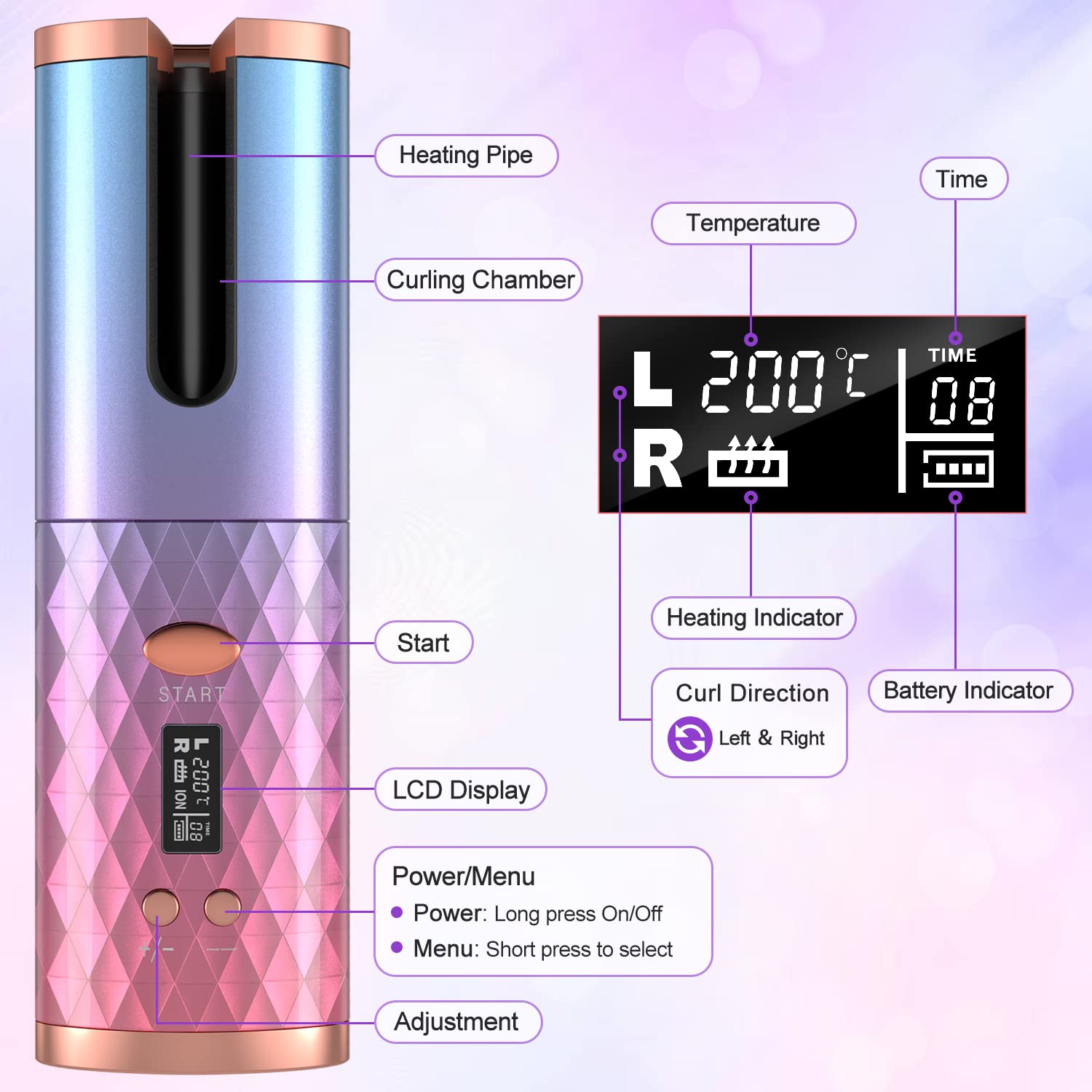 Automatic Curling Iron, Cordless Auto Hair Curler w/ 6 Temp & Timer, Rechargeable Ceramic Hair Curlers, Portable Rotating Curling Wand Styling Tool, Fast-Heating, Auto Shut Off