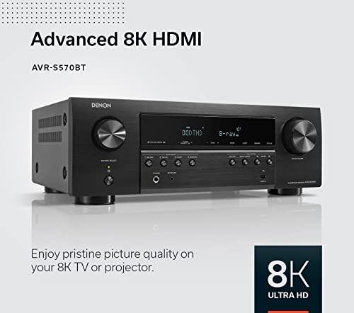 Denon AVR-S570BT (2022 Model) 5.2 Channel AV Receiver - 8K Ultra HD Audio & Video, Enhanced Gaming Experience, Wireless Streaming via Built-in Bluetooth, (4) 8K HDMI Inputs, Supports eARC (Renewed)