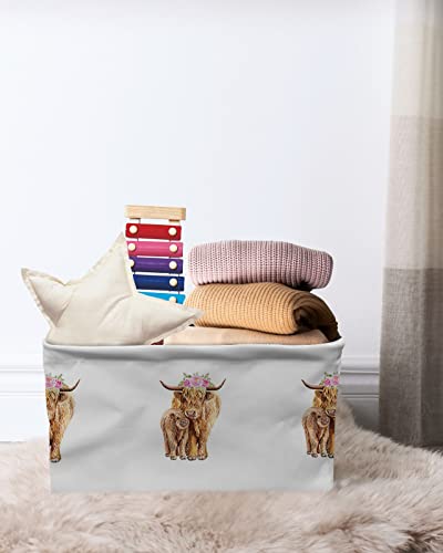 Storage Basket Highland Cattle Yak Cow with Flower Storage Bin with Handles, Animal Art on White Collapsible Organizer Storage Cubes Bins for Closet, Laundry Clothes, Bathroom, Nursery Toys