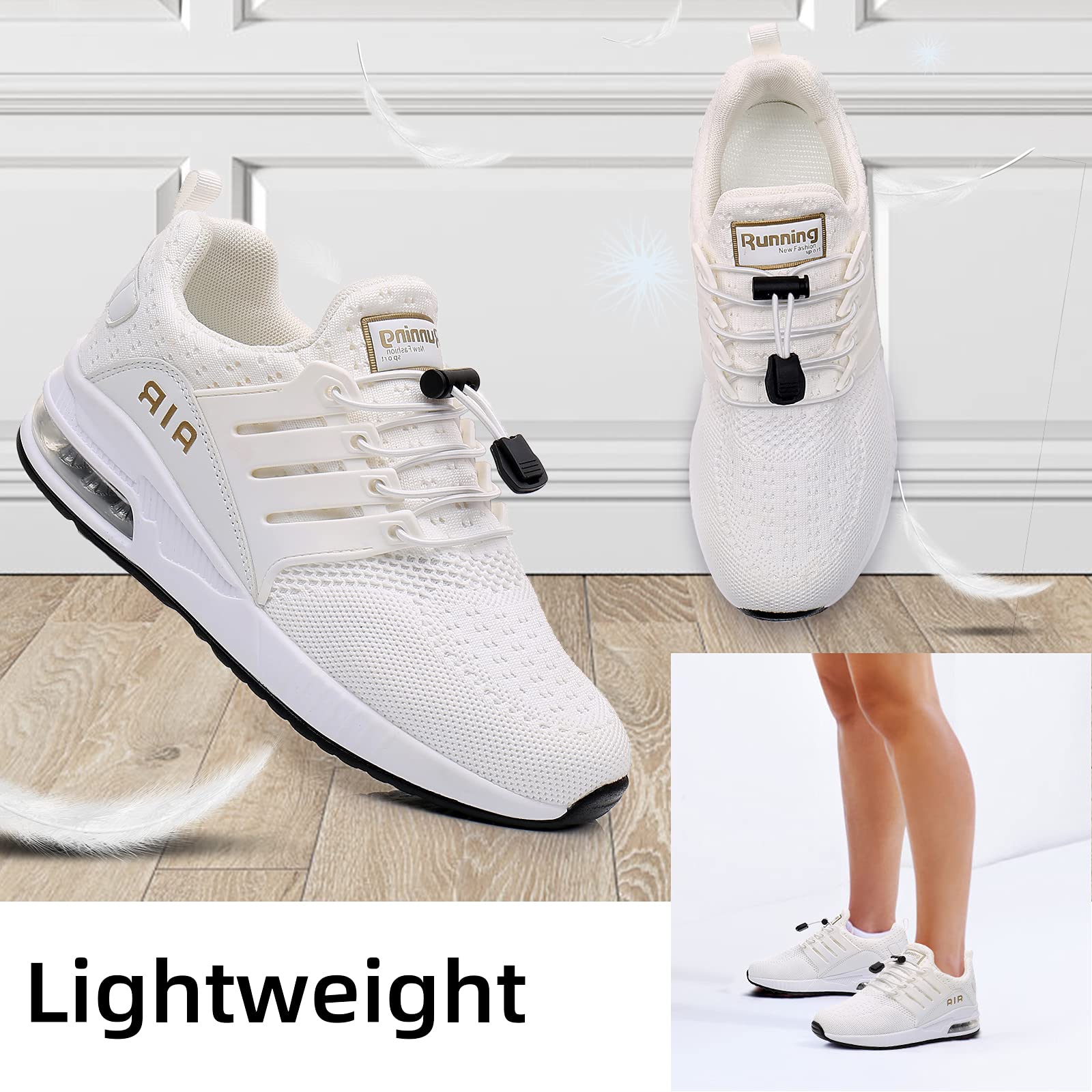 BOGOVER Womens Lightweight Air Running Shoes, Breathable Gym Jogging Running Tennis Sneakers with Air Cushion,No Tie (White, 8.5)