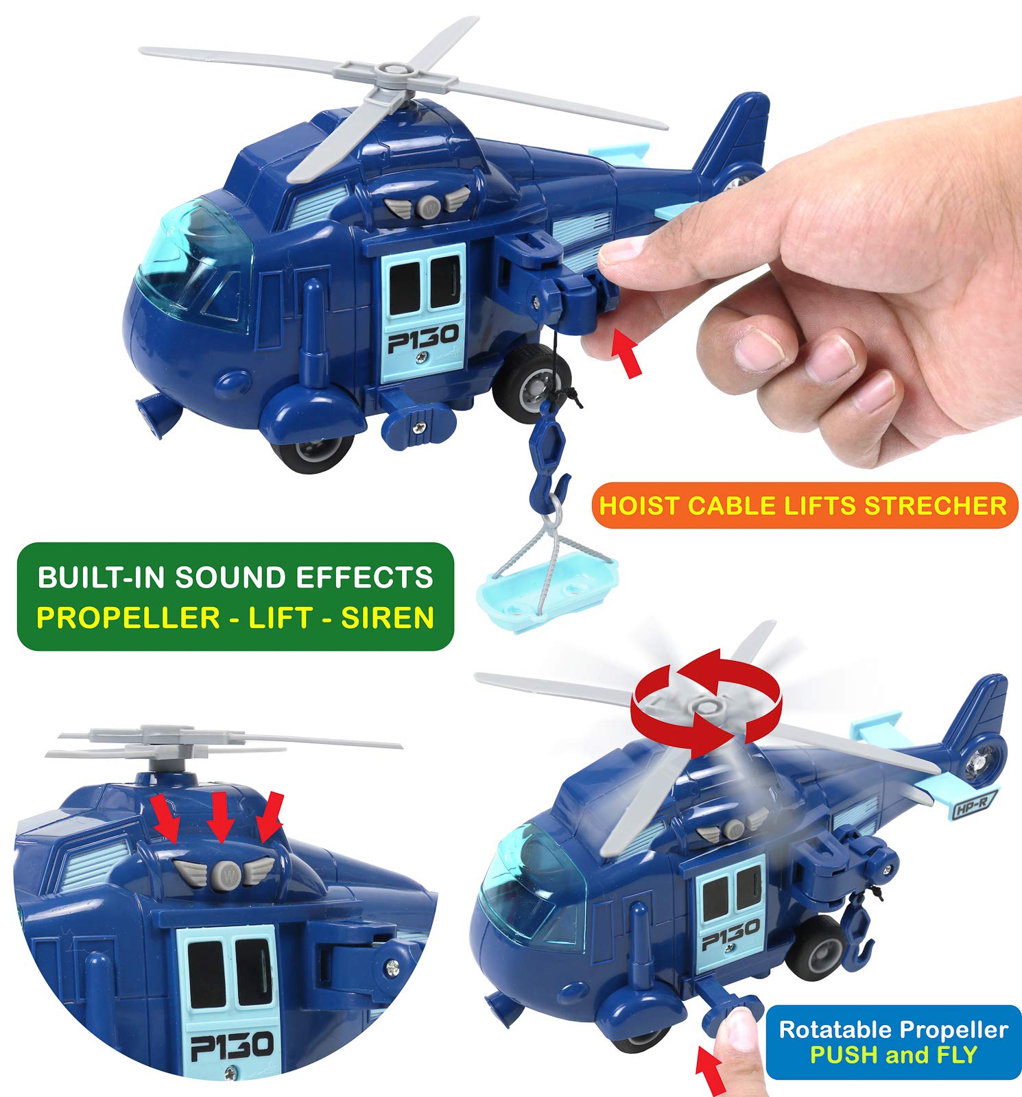 Helicopter Toys for Boys [3 Pack] | Kids Rescue Play Set Friction Powered with Realistic Lights & Sounds | Includes Police, Fire & Rescue Team