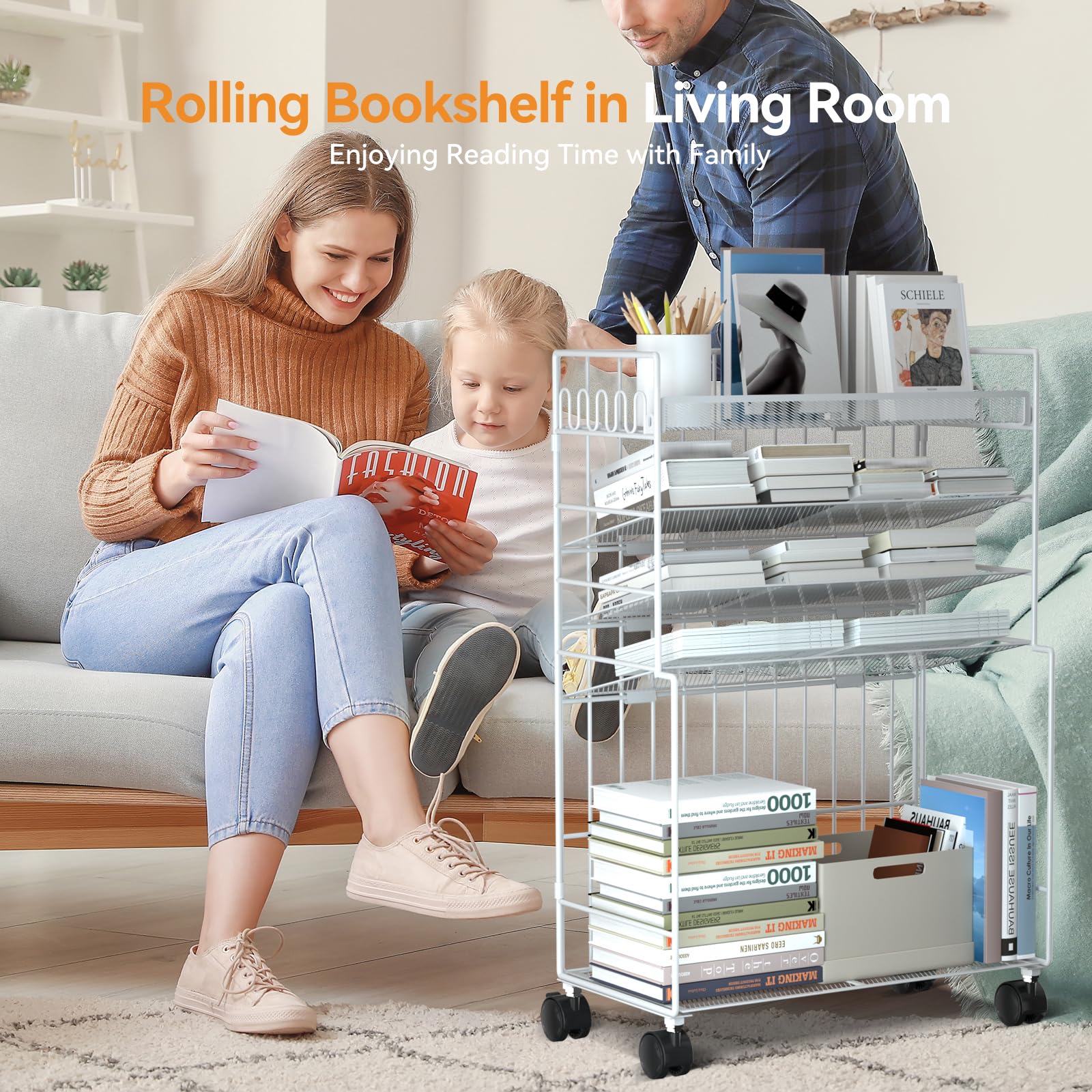 FIROK Rolling Bookcase with Wheels,Heavy Duty Mobile Bookshelf Storage Cart for Students, Metal Frame Book Shelf Organizer for Home,Office,Living Room - White