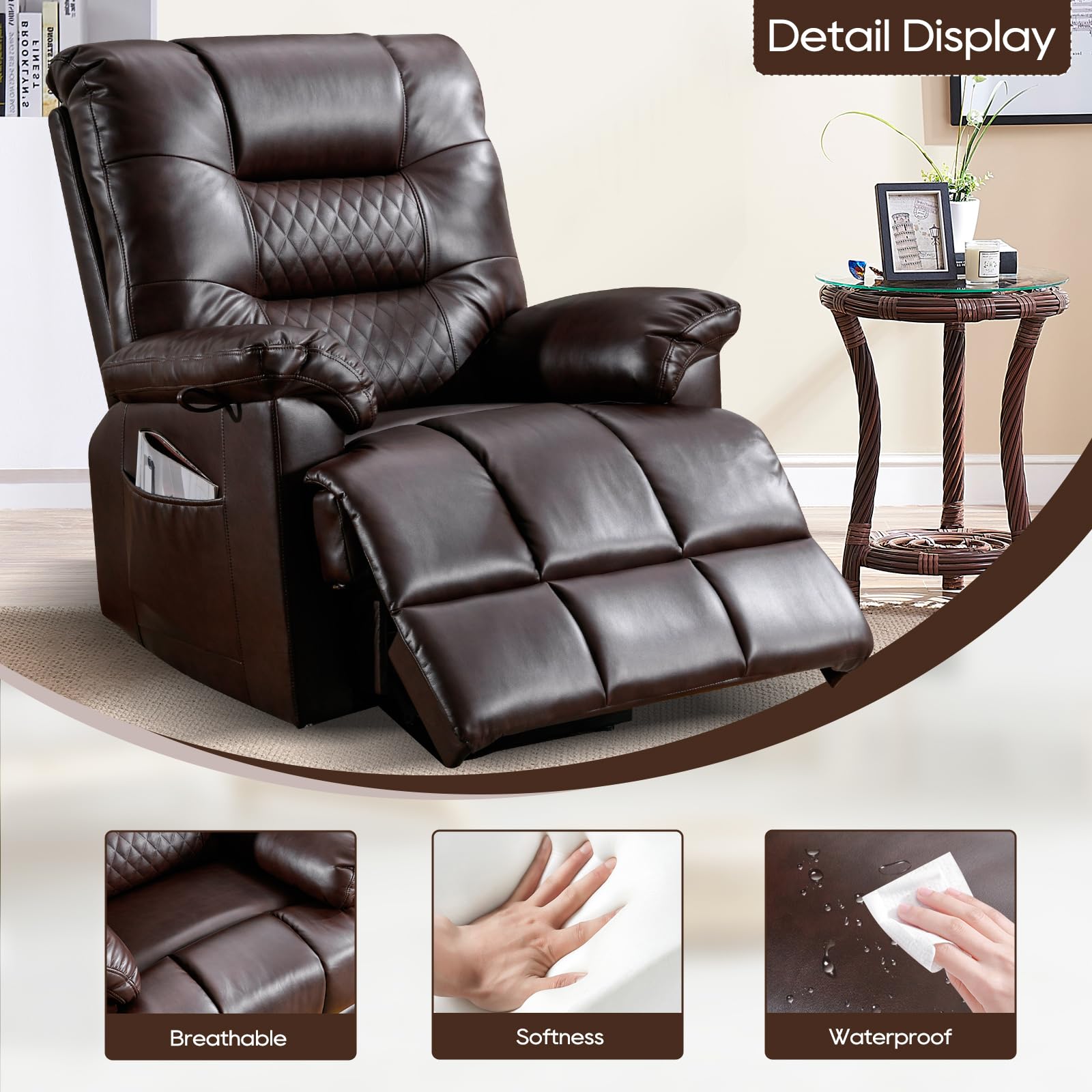 BAIJIAWEI B Power Lift Recliner Chair, PU Leather Electric Recliner with Vibration Massage & Heat Function, Heavy Duty Recliner with Remote Control, 3 Positions, USB Port