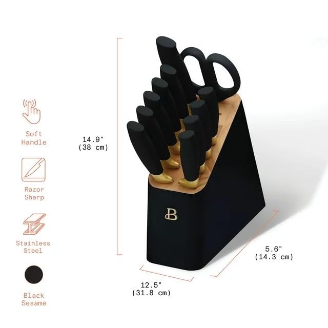 Generic 12 beautiful Piece Knife Block Set with Soft-Grip Ergonomic Handles Black and Gold by Drew Barrymore, BL-5306062