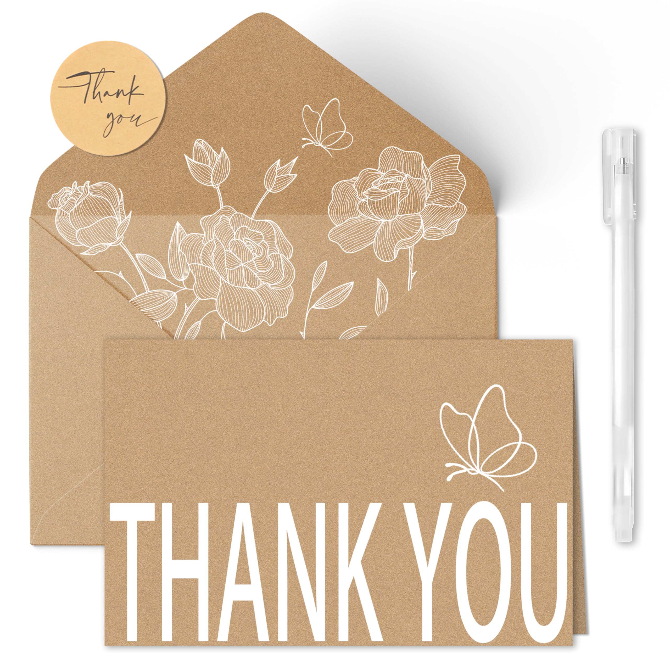 Cularve 20 Pack thank you cards with envelopes,Kraft paper wedding thank you cards,butterfly thank you cards,Blank Retro flowers Cards for Birthday Wedding Baby Shower Bridal Shower,4 x 6 Inch