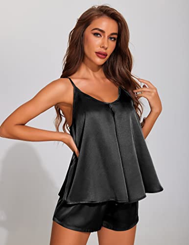 Ekouaer Silk Pajamas Sets Women Satin 2 Piece Silk Pjs Cami Top Sleepwear Black
