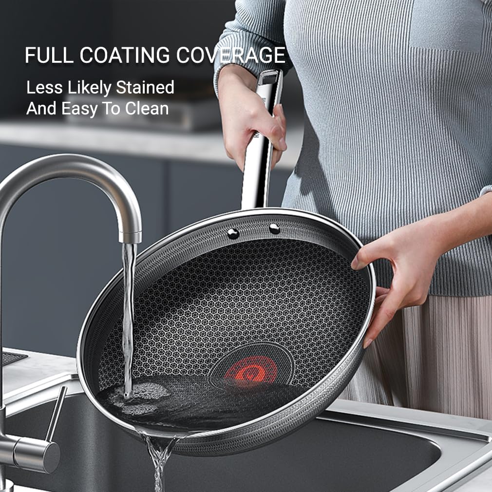 KBH KGH-C32A Nonstick Frying Pan with Lid, Honeycomb Stainless Steel Wok, Suitable for All Cooktops, 32 CM(12.6 INCH)