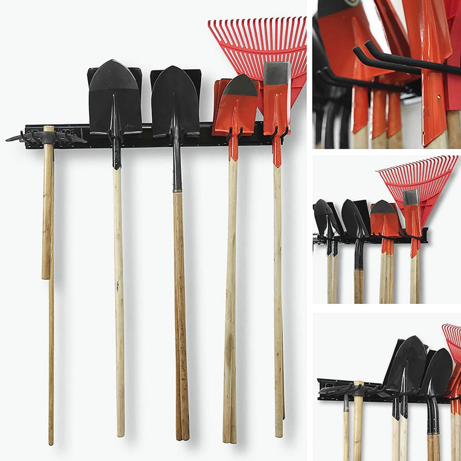 foriy Garage Clamping Garden Tool organizer Tool Storage Rack with 6 Hooks Wall Mount Tool Storage Hook Heavy Duty Garden Tool Hanger Rack for Ski Gears, Chair, Broom, Mop, Rake Shovel Yard Tools