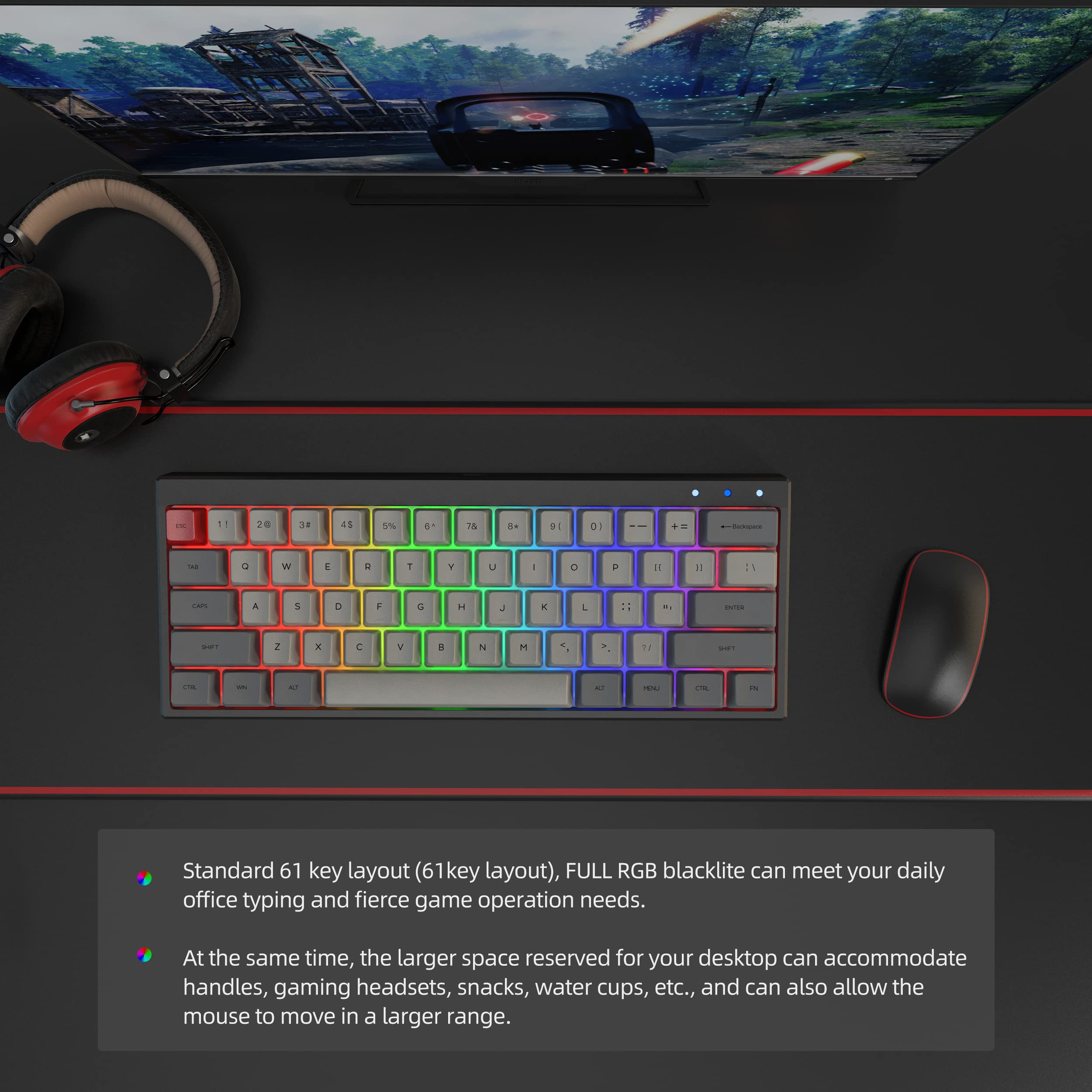 Ractous RTK61BP 60% Wireless Mechanical Gaming Keyboard,RGB Blacklit PBT Sublimation Keycaps 61keys Bluetooth5.1/Wried Gaming Keyboard for PC/Mac Gamers,Hot-Swap Gateron Optical Bule Switch-Black