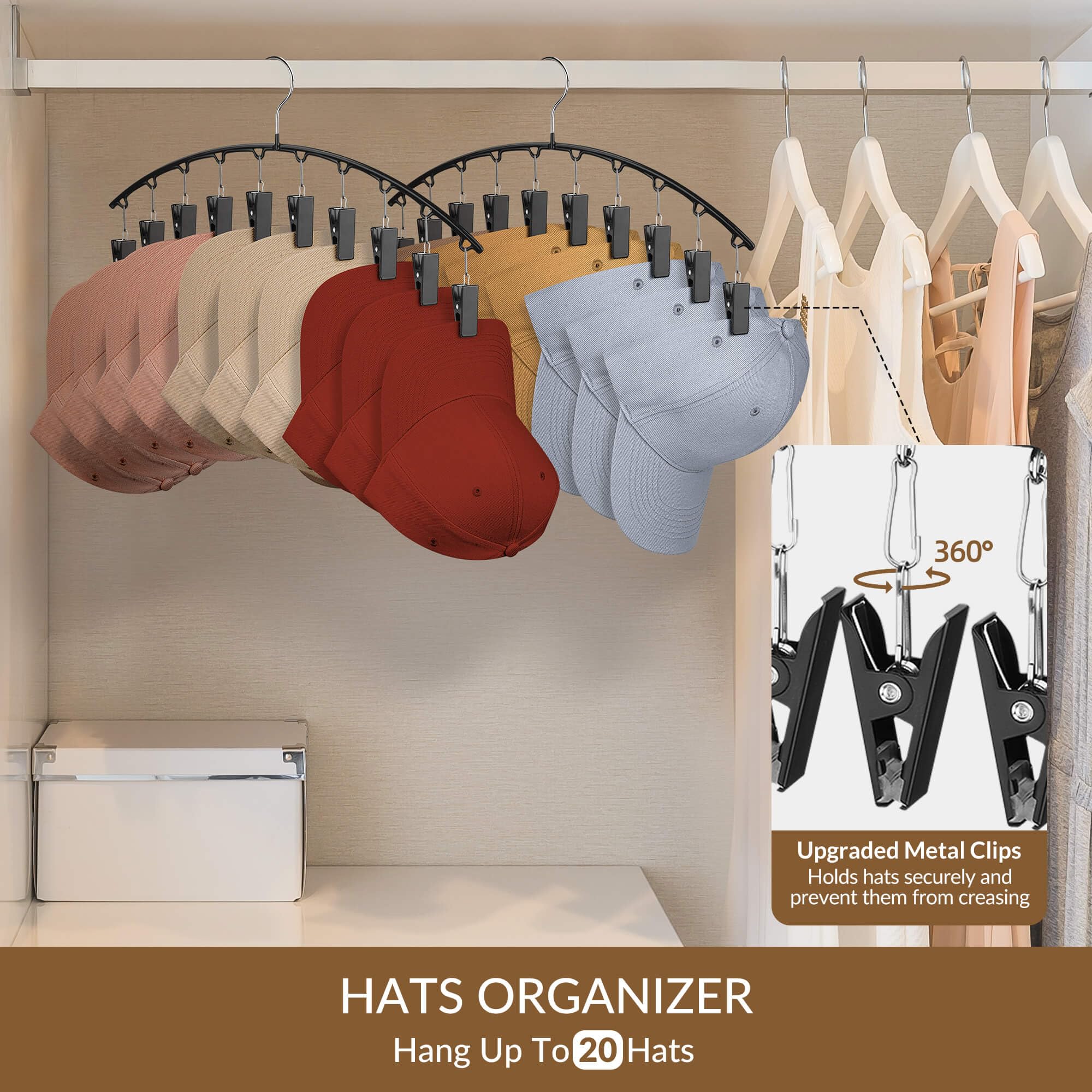 ZEDODIER Hat Hanger, 2 Pack Hat Organizer for Closet, 20 Storage Capacity, Hat Racks with 20 Sturdy Metal Clips for Baseball Caps, Closet Organizers and Storage, Black