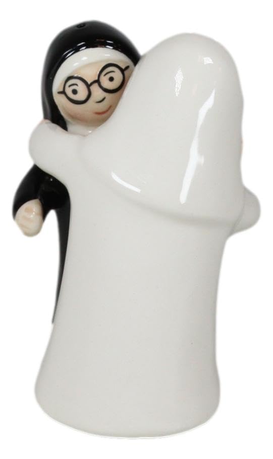 Ebros Gift Black And White Dressed Nuns Dancing Salt And Pepper Shakers Ceramic Figurine Set 3.5"H Hugging Nun Religious Inspirational Funny Themed Accents